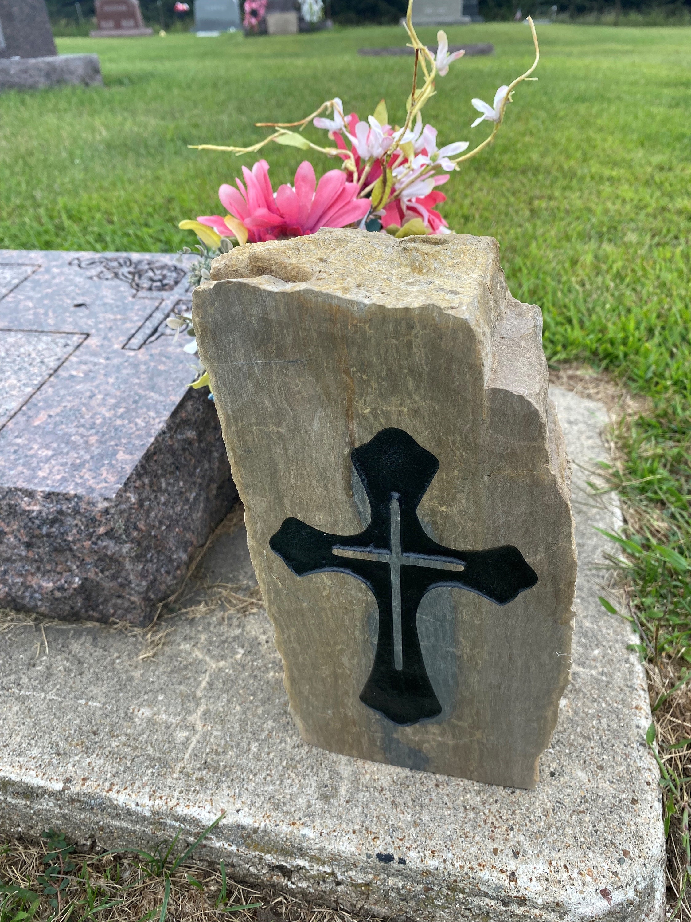 Engraved Cross Stone, Cemetery Cross, Graveside Decor, Cross Decor ...