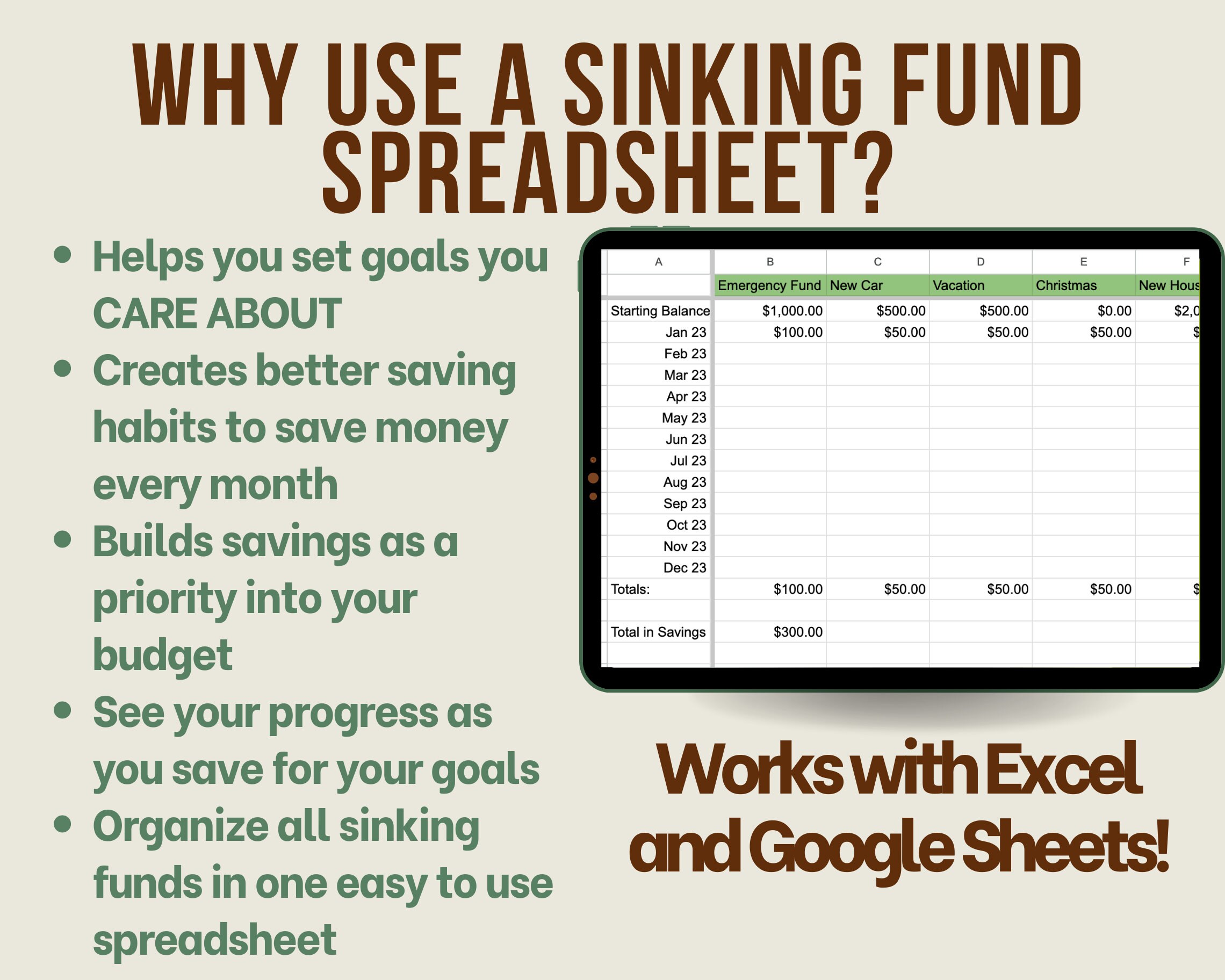 Sinking Fund Tracker Spreadsheet Google Sheets and Excel, Saving Goals ...