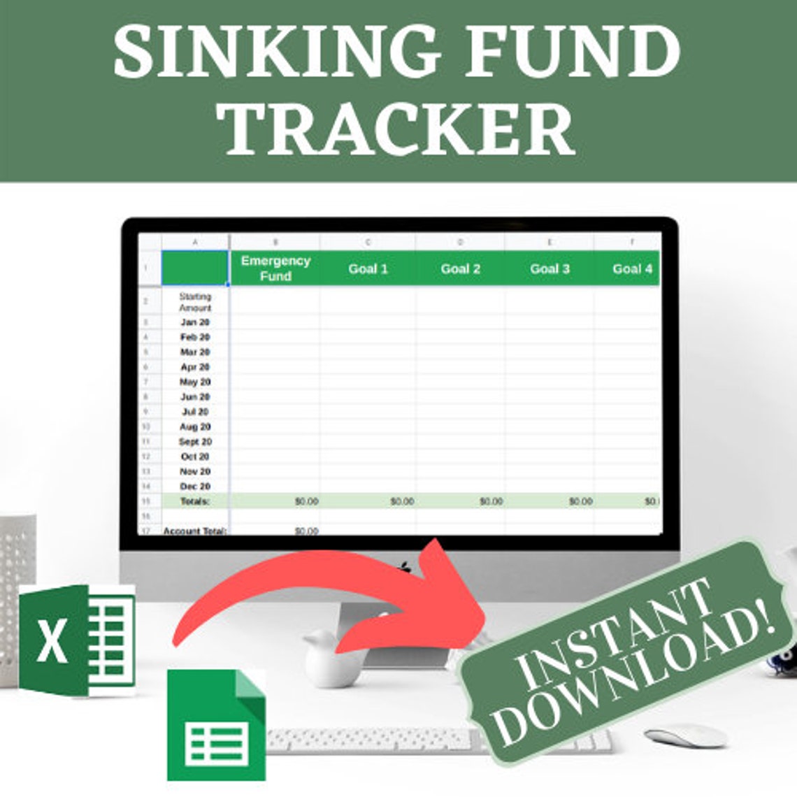Sinking Fund Tracker Spreadsheet Google Sheets and Excel, Saving Goals ...