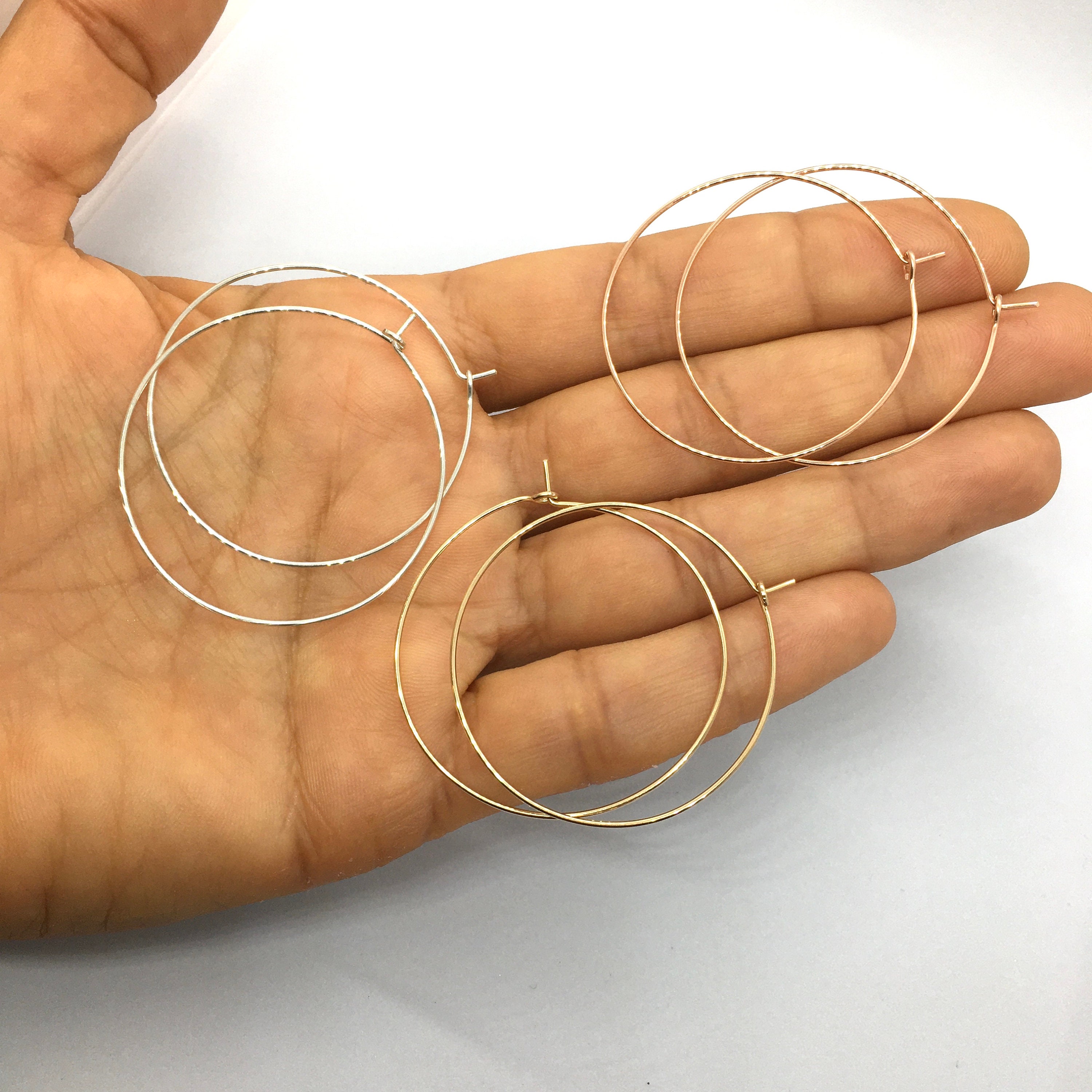 Thin Wire Hoops in Solid Sterling Silver Yellow or Rose Gold | Etsy