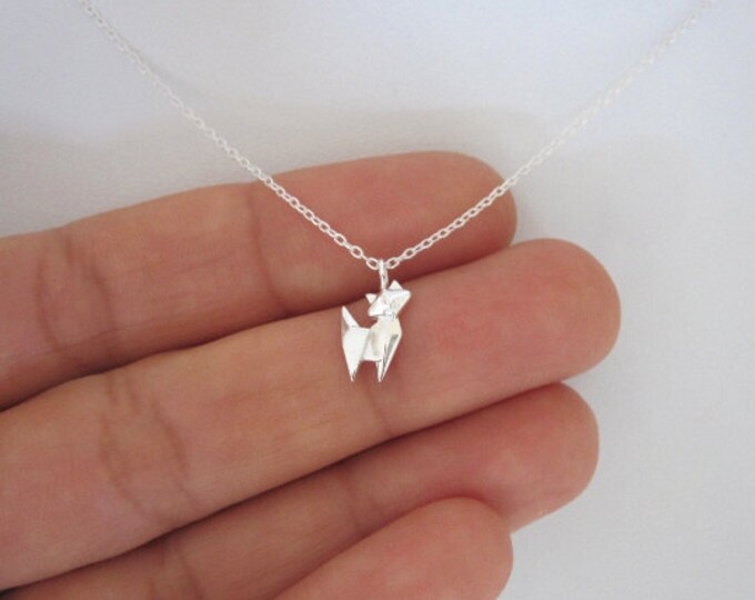 Small Origami CAT Sterling Silver Charm With Chain Necklace, Layering ...