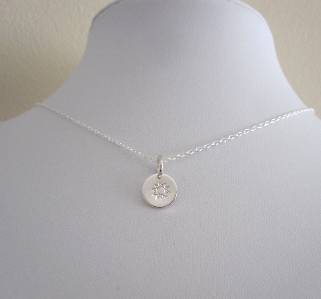 Small SUN PRINT Stamped Round Charm Sterling Silver Necklace, Celestial ...
