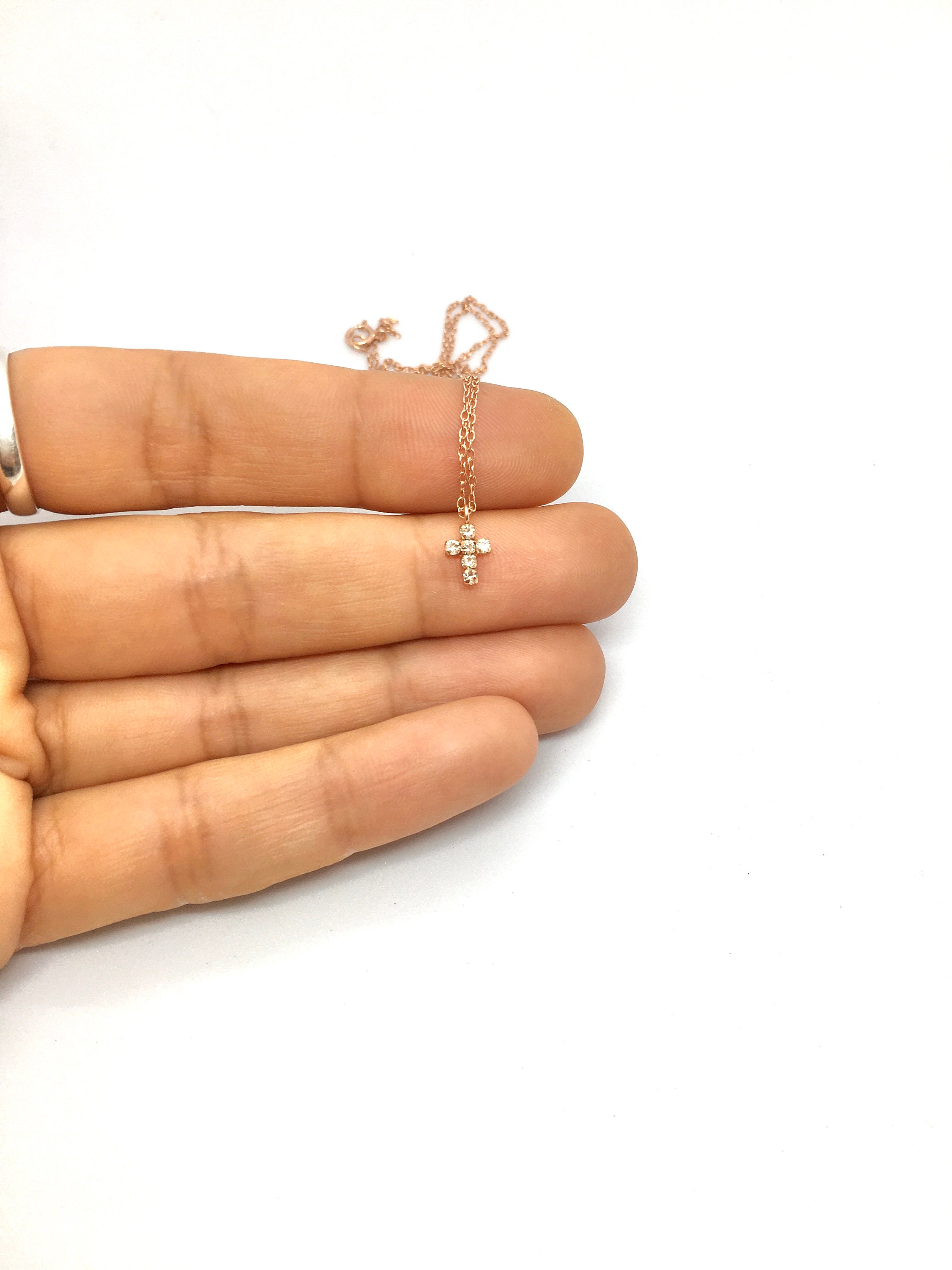 Tiny Cross With Crystals Rose Gold Plated Sterling Silver Charm ...