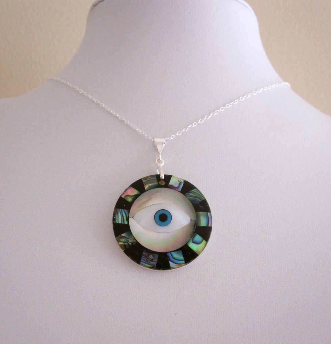 Abalone Paua Shell EVIL EYE Pendant Charm With Sterling Silver Chain ...