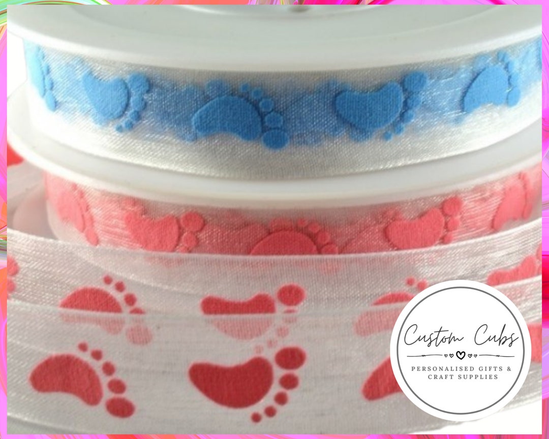 Sheer Organza Baby Feet Ribbon, Blue or Pink Sheer Baby Footprint ...