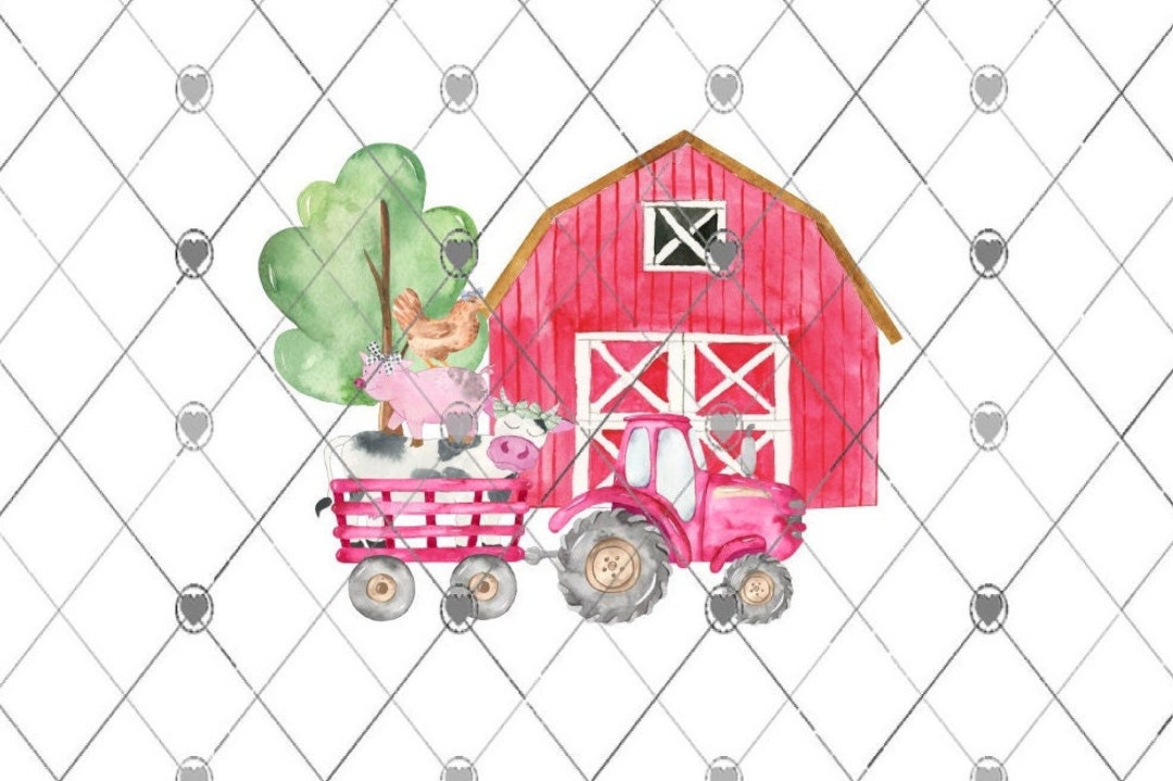 Farm Animal Pink Tractor Red Barn PNG Cow Pig Chicken PNG Farm Tractor ...