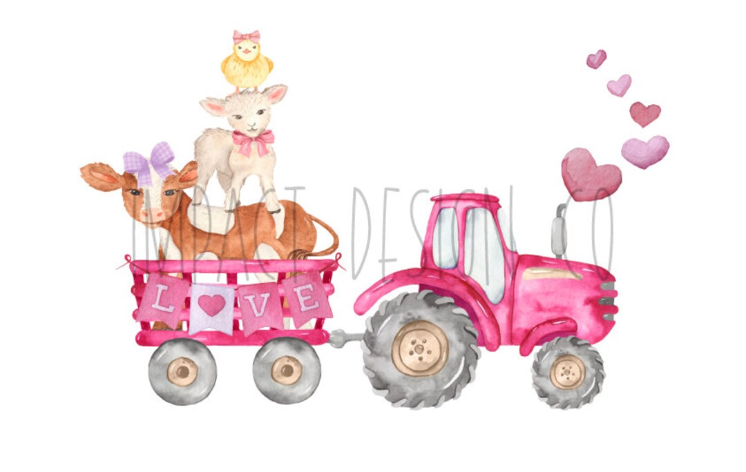 Valentines Day Tractor PNG Farm Animal Trio Pink Tractor Watercolor ...