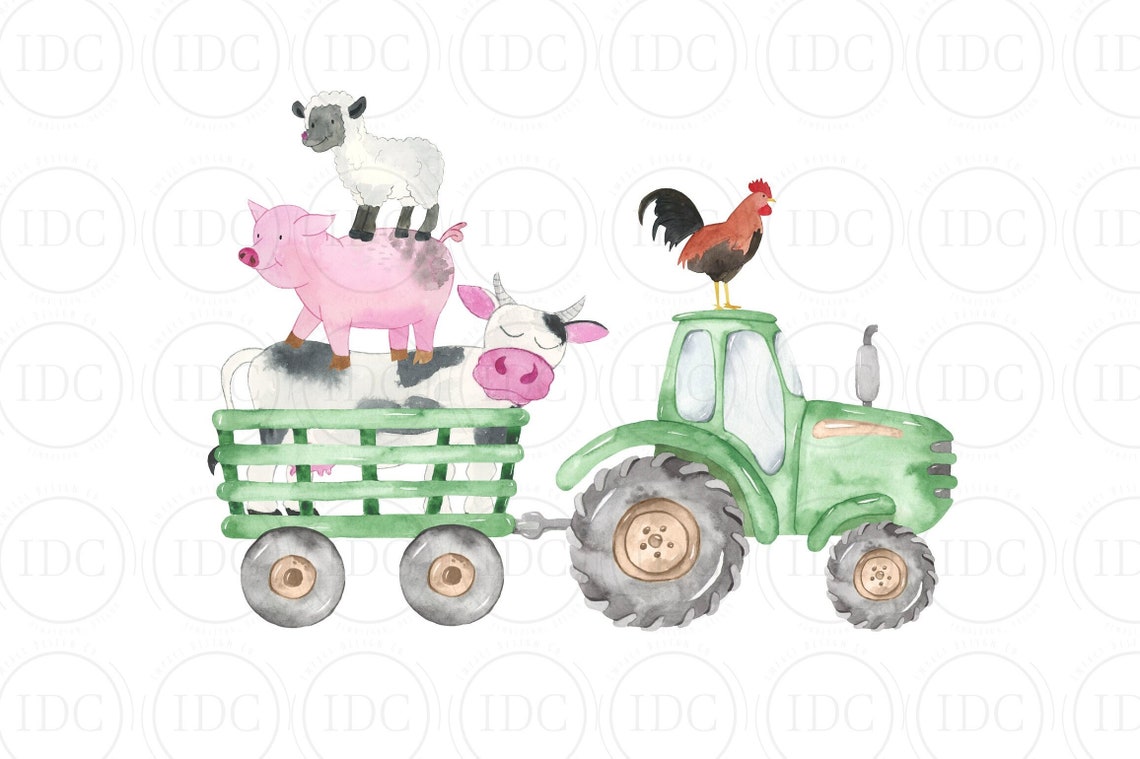 Farm Animal Green Tractor PNG Cow Pig Sheep Rooster PNG Farm - Etsy