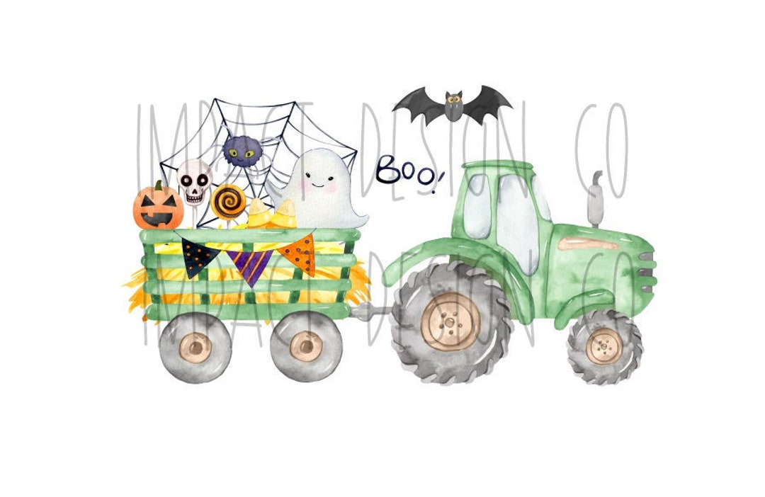 Fall Halloween Tractor PNG Spider Ghost Bat Candy Green Tractor PNG ...