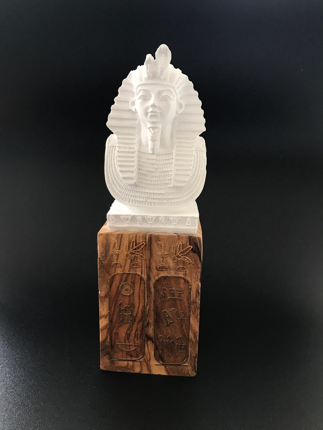 Bust of King Tutankhamun on an Olive Wood Base With the Hieroglyphic ...