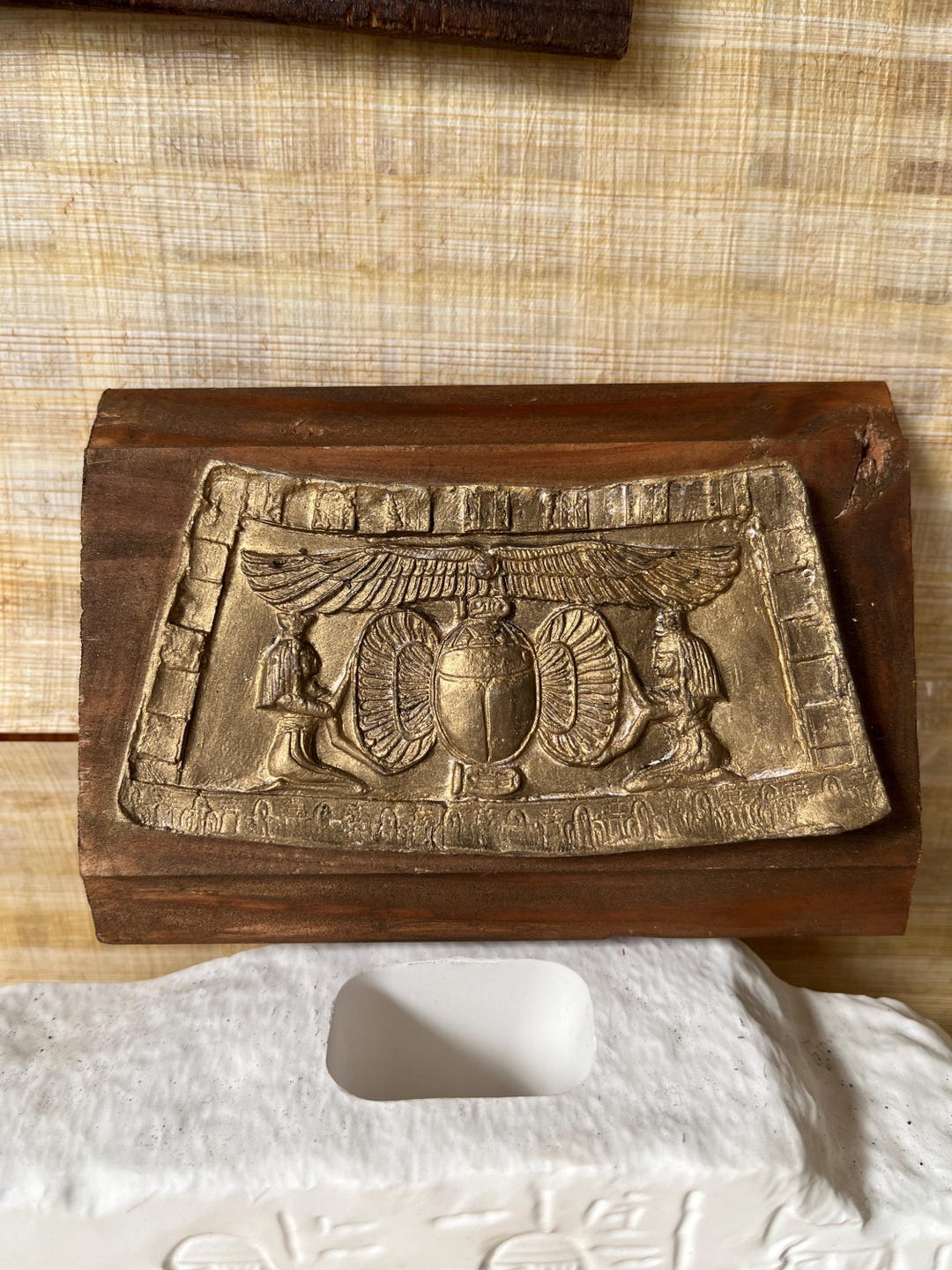 Miniature Sculpture of Egyptian Art, Gold/white Winged Sun Scarab ...