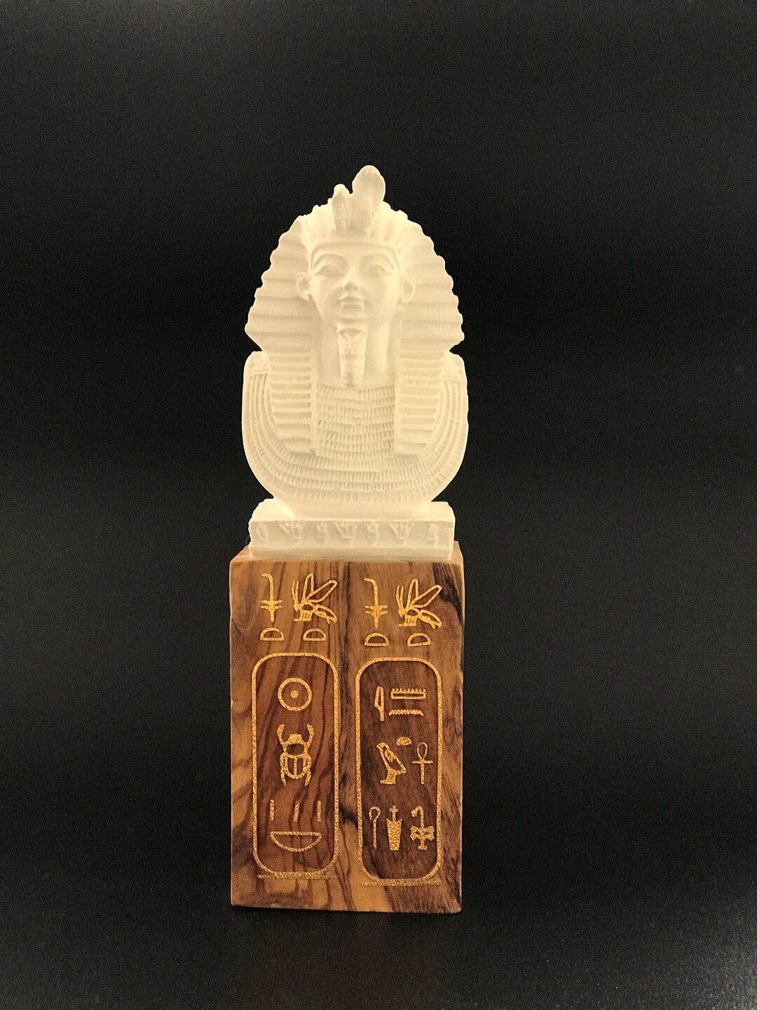 Bust of King Tutankhamun on an Olive Wood Base With the Hieroglyphic ...