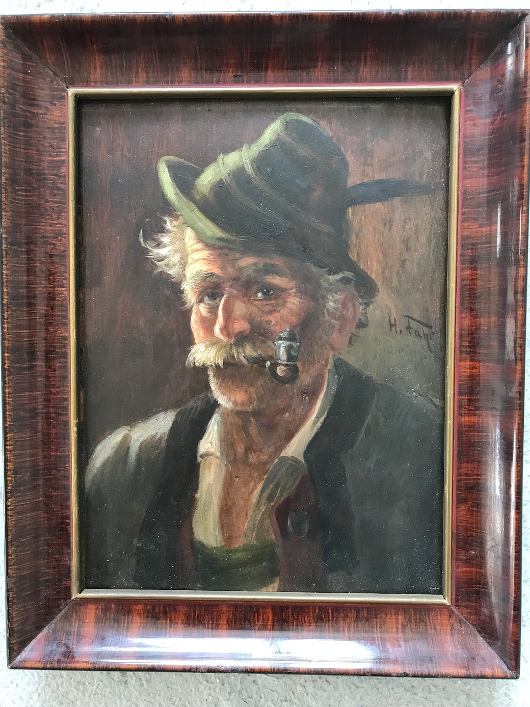 Antique Realistic Portrait Painting, Old Man Smoking Pipe, Original ...