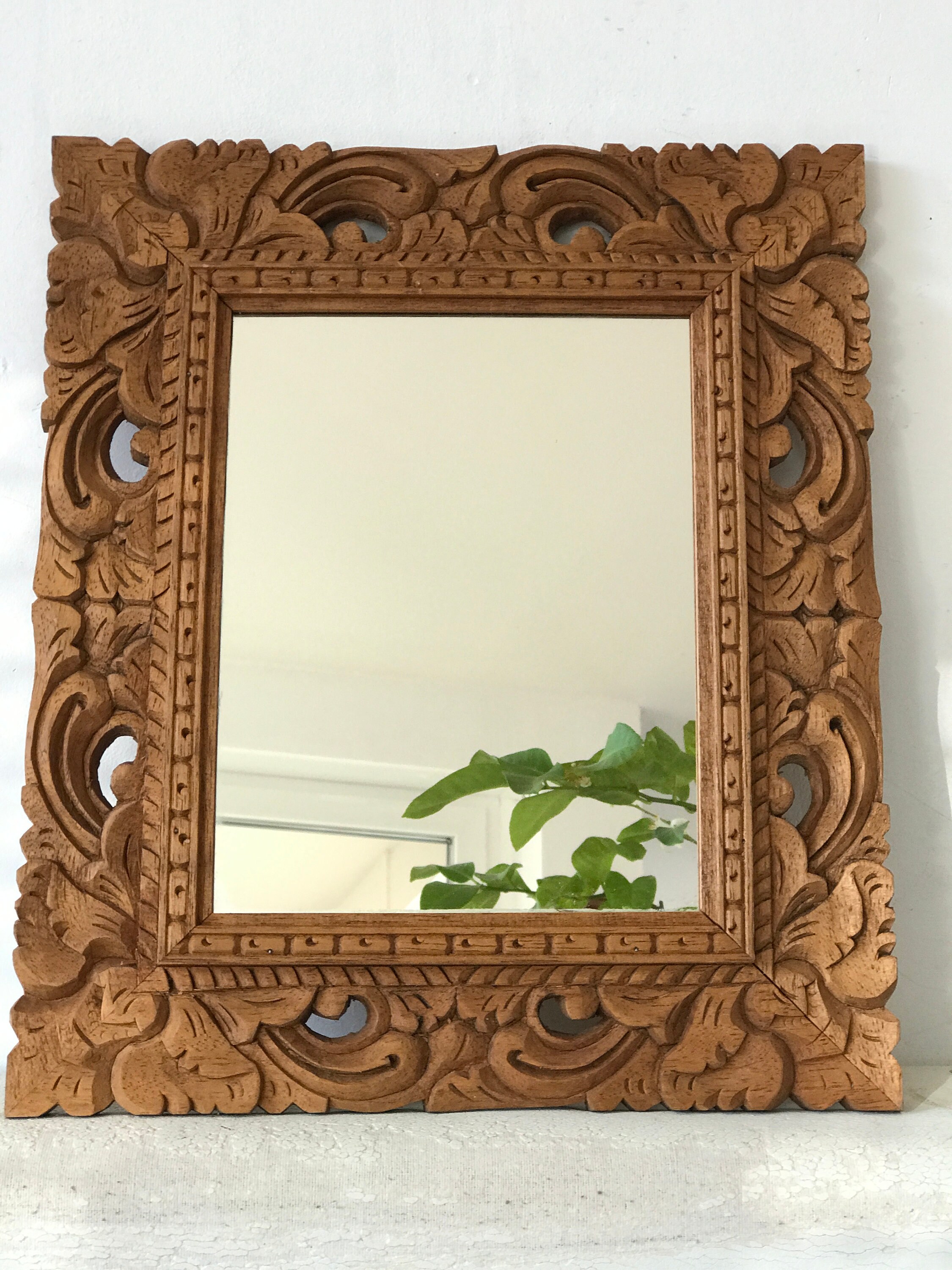 Vintage Rectangular Floral Ornamented Wood Carved Mirror, Handcrafted ...
