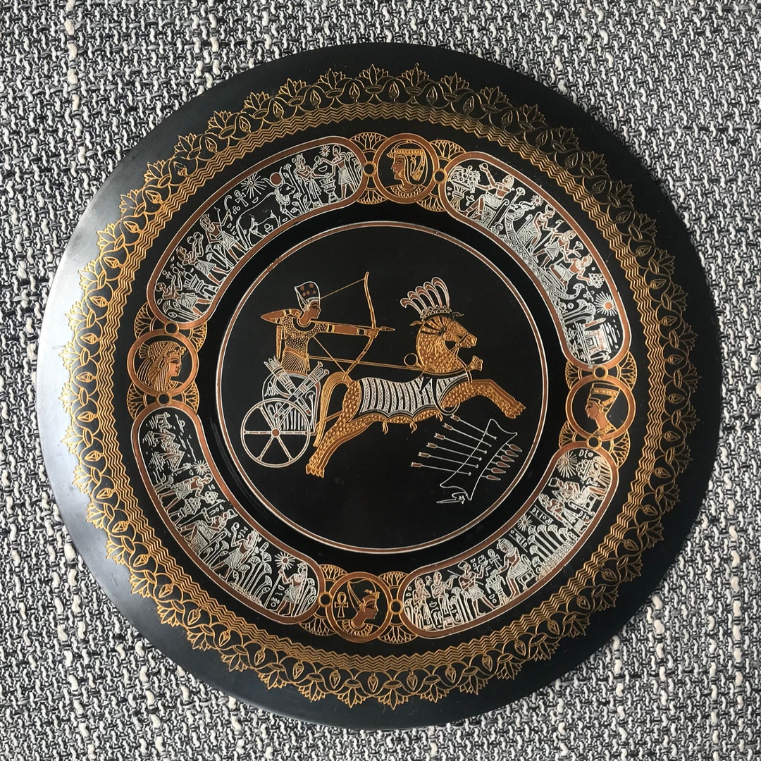 Vintage Egyptian Engraved Brass Plate, Warrior Pharaoh Carrying Chariot ...
