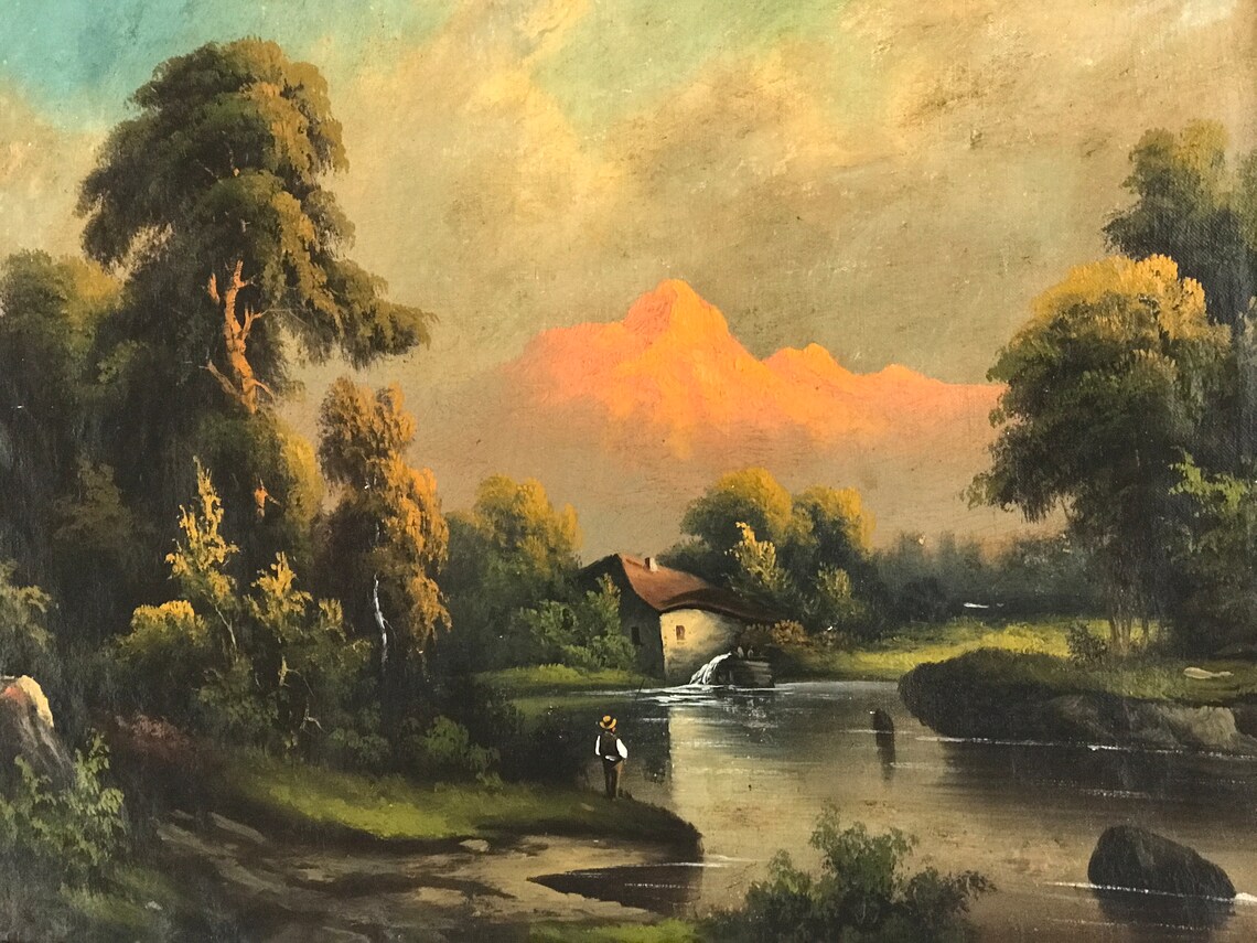 Original Antique River Landscape Oil Painting, 19th Century, Unsigned ...