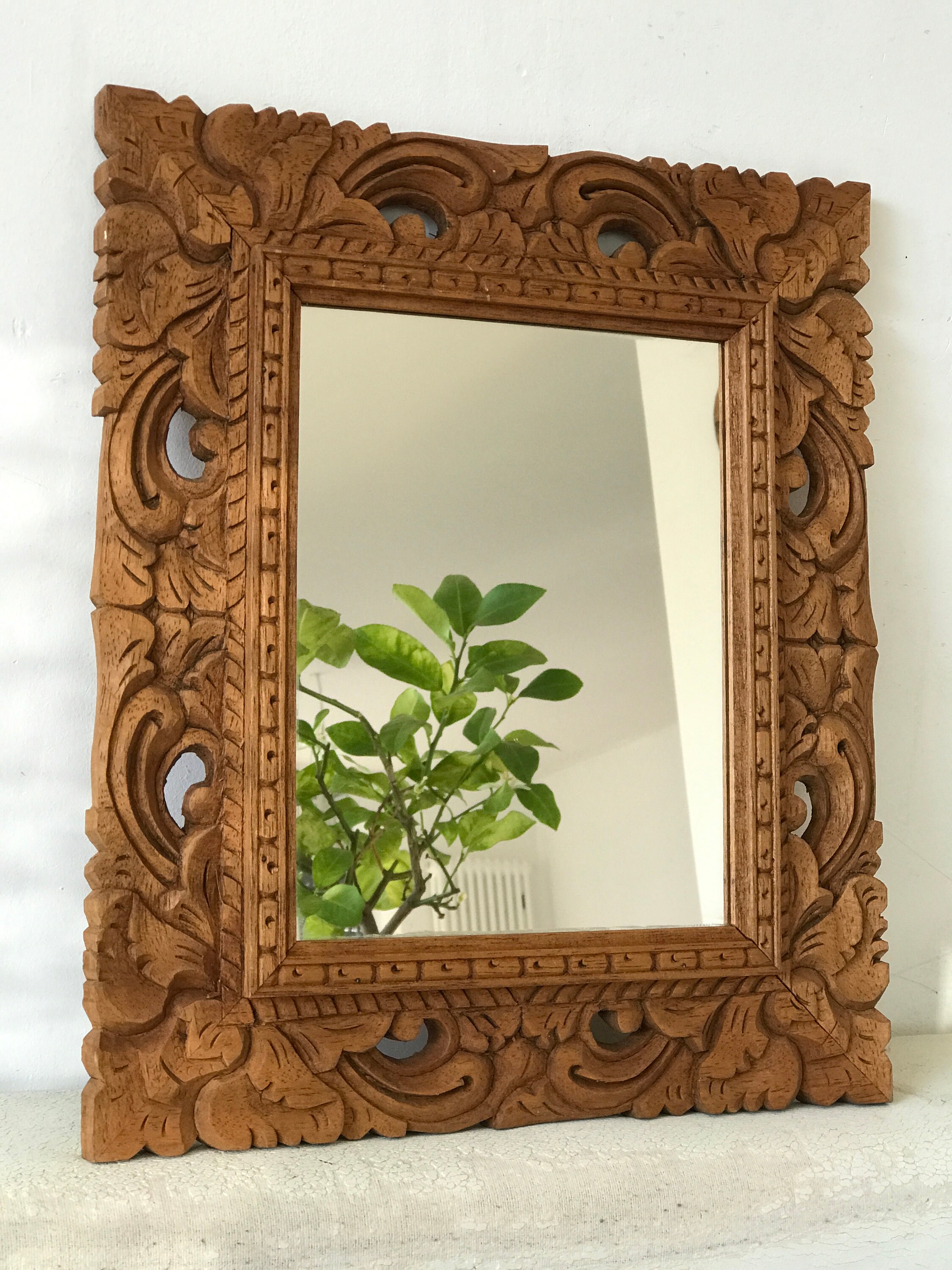 Vintage Rectangular Floral Ornamented Wood Carved Mirror, Handcrafted ...