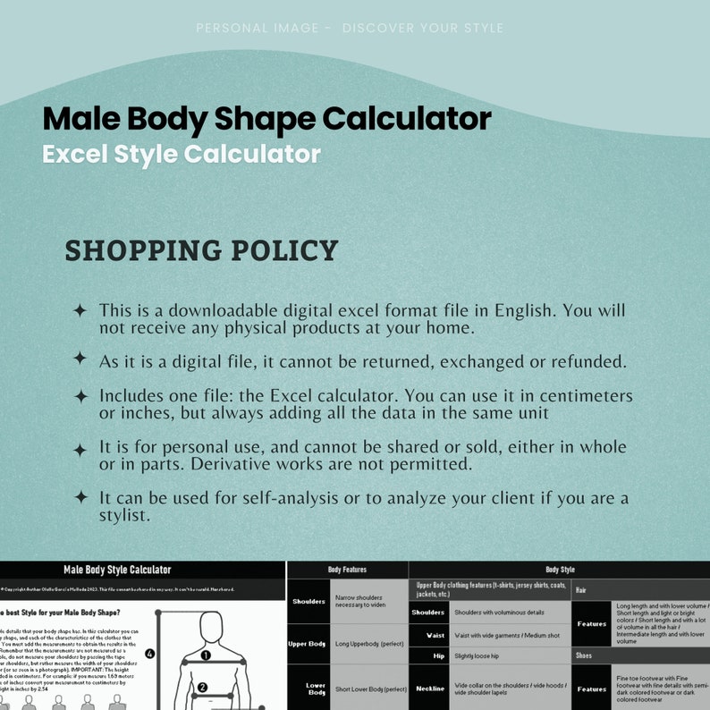 Male Body Style Shape Calculator Excel for Pear, Hourglass, Inverted ...