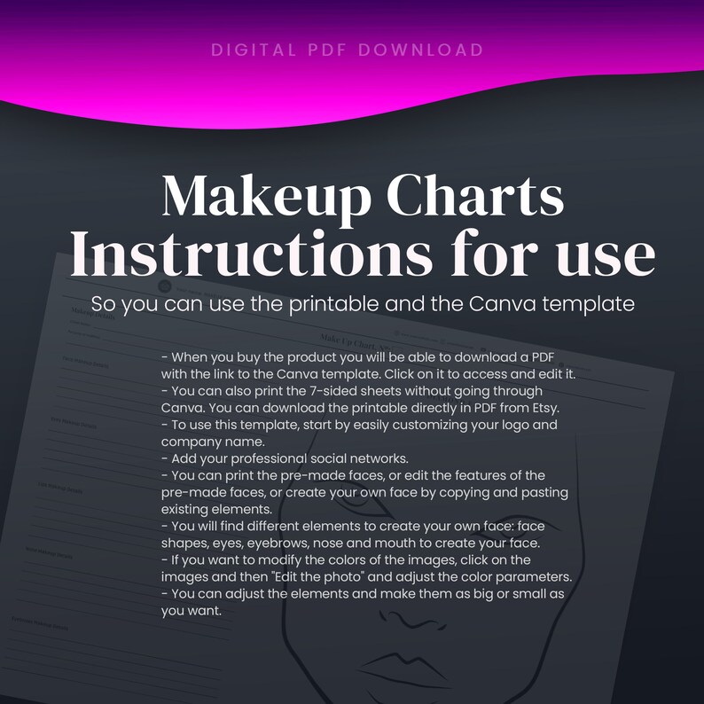 Canva Editable and Printable Makeup Face Chart / Makeup Refillable Sheet With Canva for Makeup ...