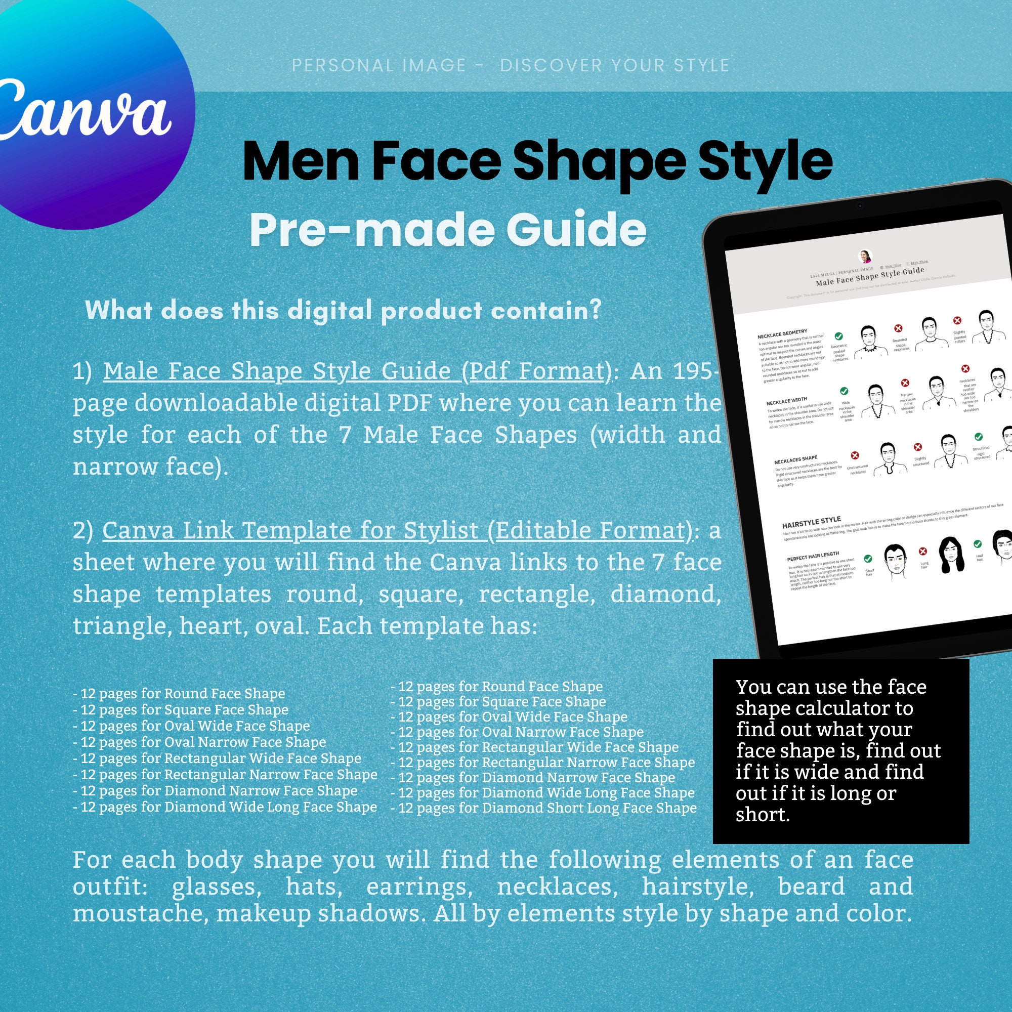 Male Face Shape Style Guide Canva Template for Stylist Face Analysis ...