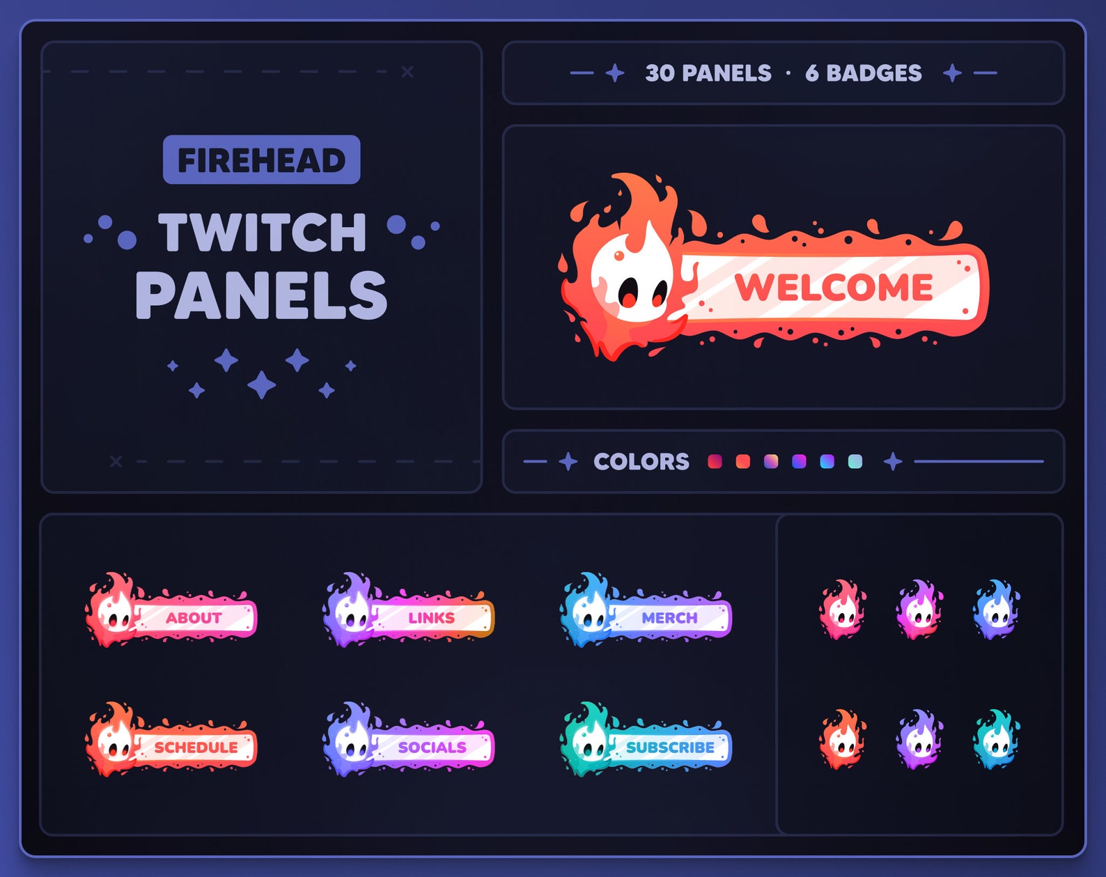 Firehead 30 Twitch Panels & Sub Bit Badges in 6 Colors Cute - Etsy