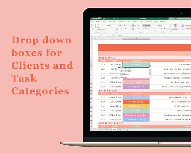 Virtual Assistant Organiser | Weekly Excel Spreadsheet | Track Hours - Etsy