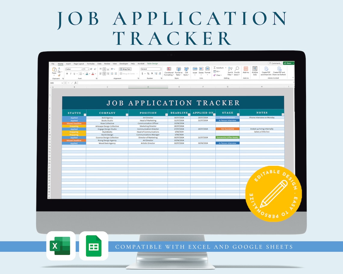 Job Application Tracker Excel & Google Sheets Spreadsheet | Corporate ...