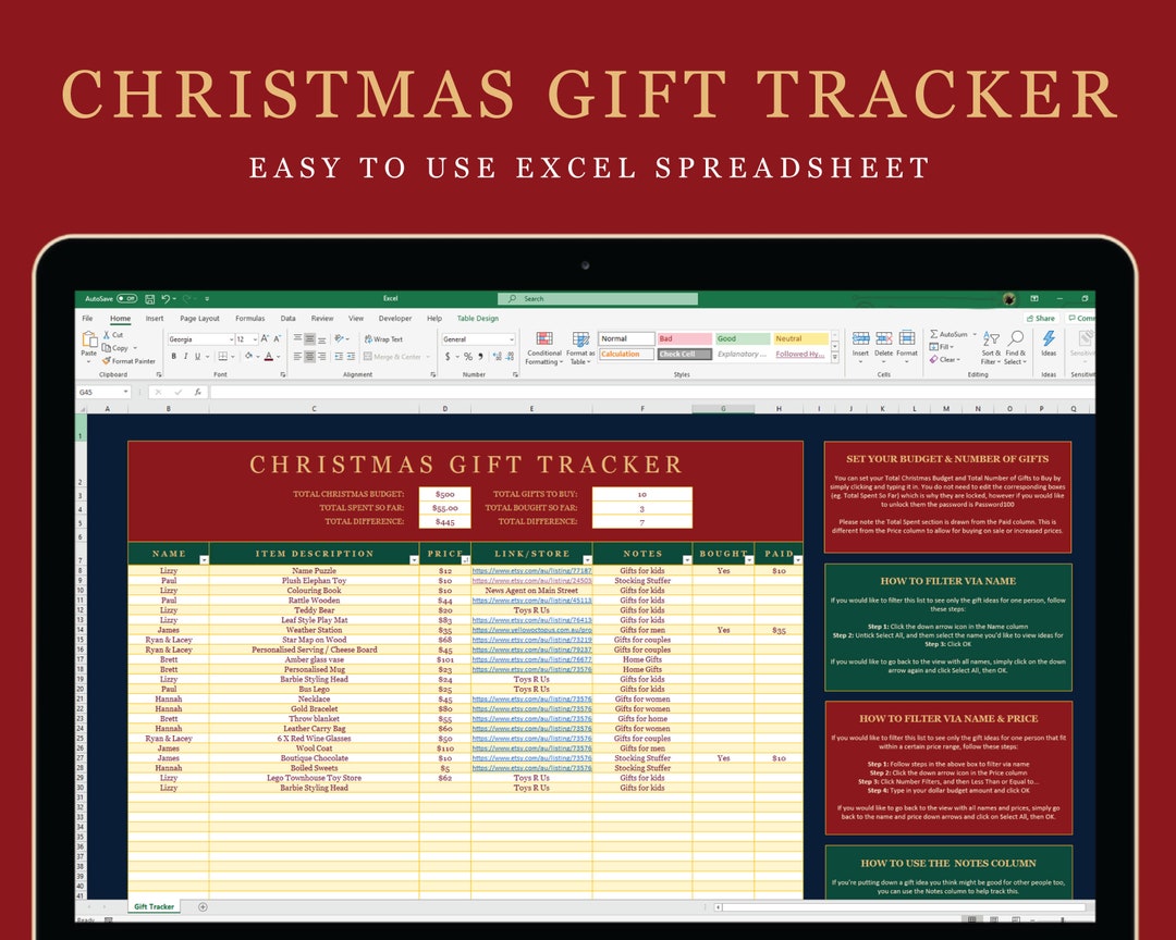 Christmas Gift Ideas & Budget Tracker Excel Spreadsheet | Digital ...