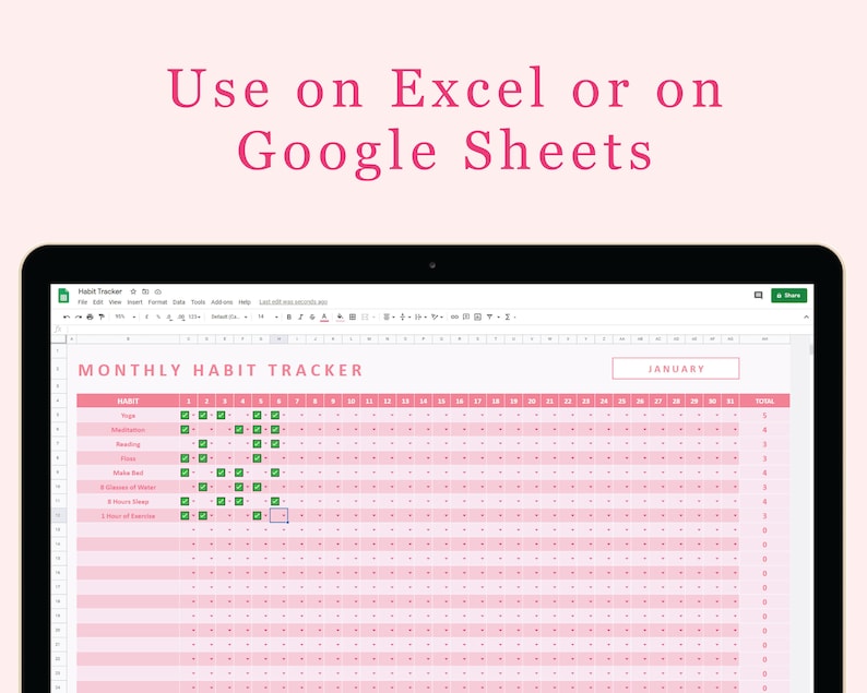 Pink Habit Tracker | Excel Spreadsheet | Google Sheet| Digital Download ...