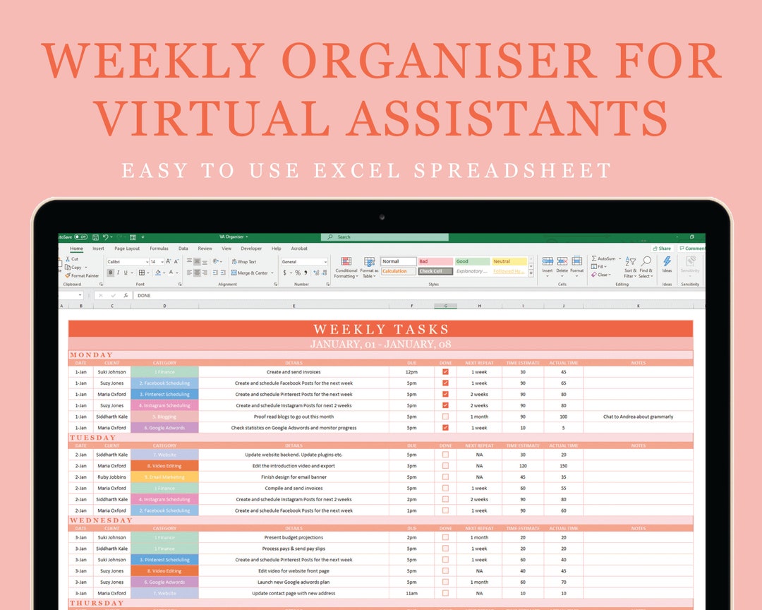 Virtual Assistant Organiser | Weekly Excel Spreadsheet | Track Hours - Etsy