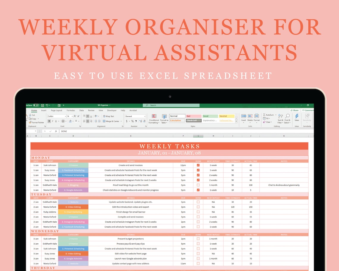 Virtual Assistant Organiser | Weekly Excel Spreadsheet | Track Hours - Etsy