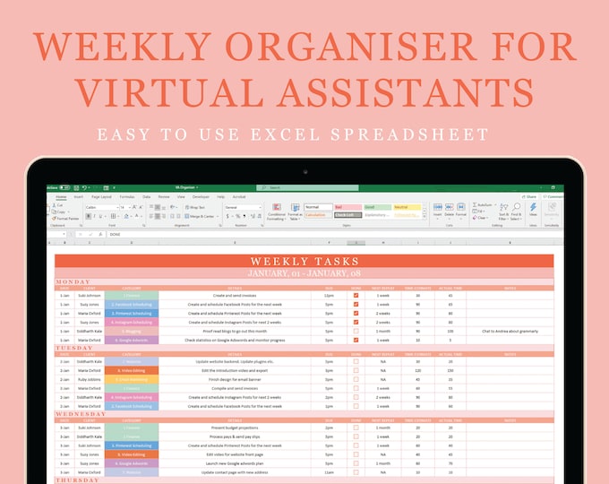Virtual Assistant Organiser Weekly Excel Spreadsheet Track Hours - Etsy