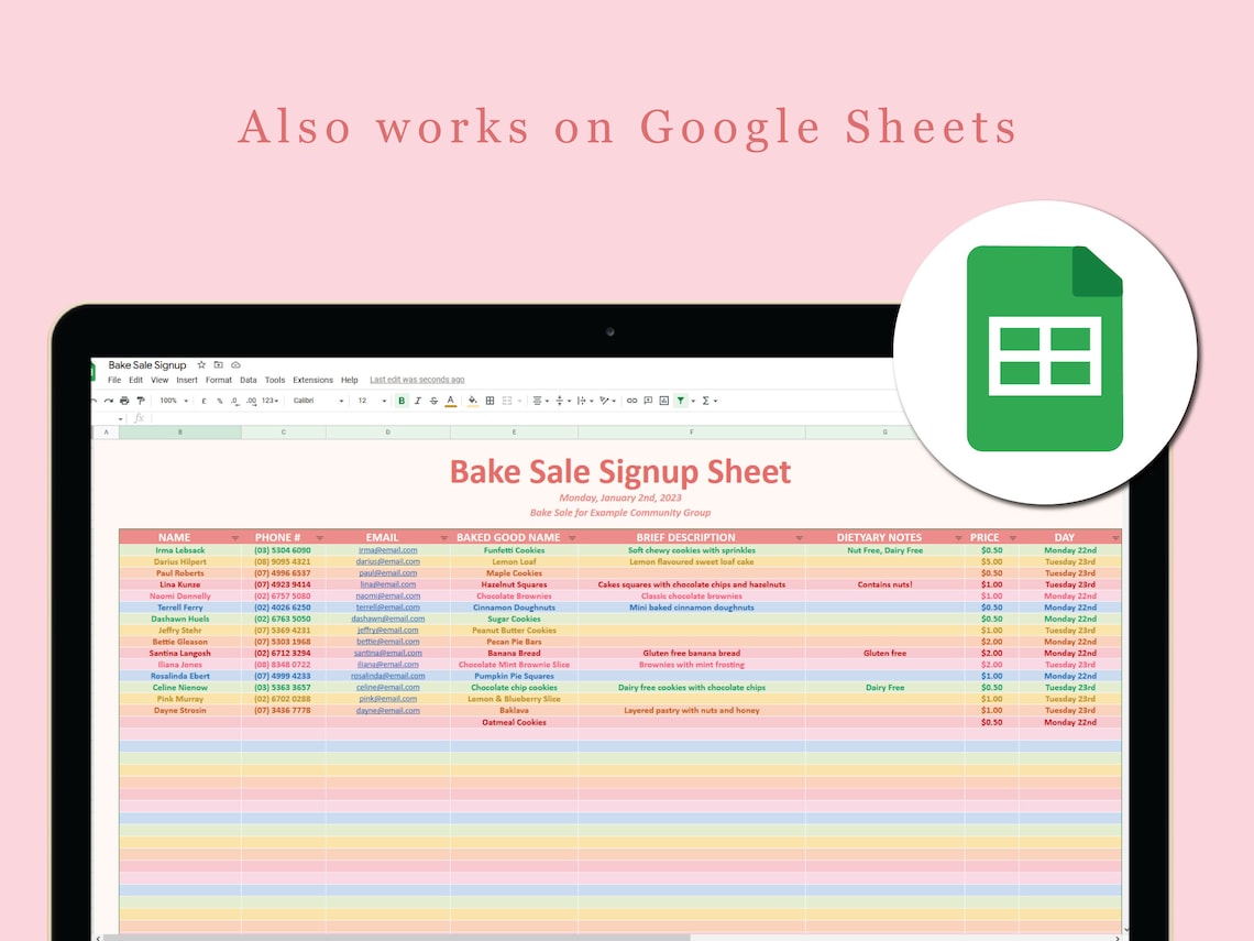 Bake Sale Signup Sheet Rainbow Excel Spreadsheet | Google Sheets ...