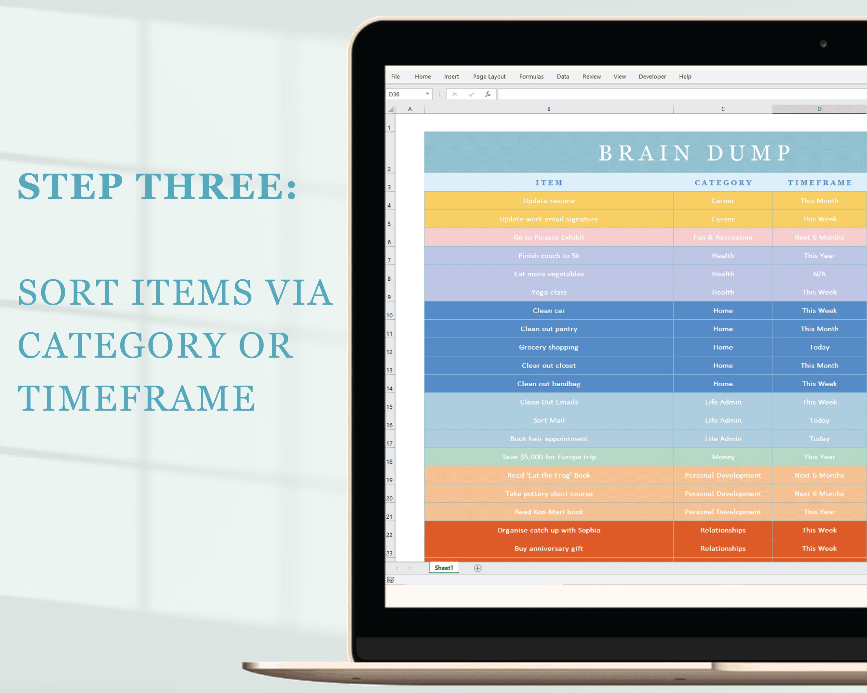 Brain Dump Easy Excel Spreadsheet Digitaler Download | Etsy