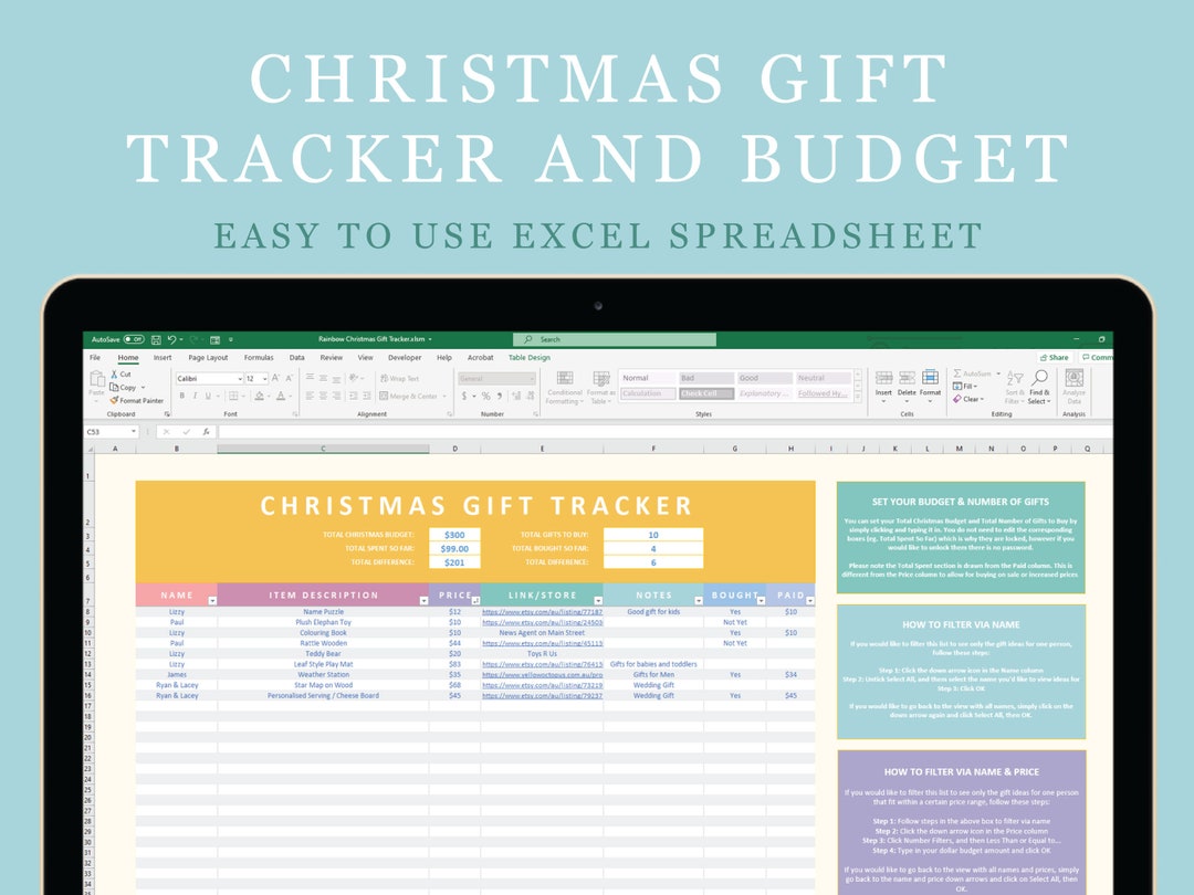 Christmas Gift Ideas & Rainbow Budget Tracker Excel Spreadsheet ...