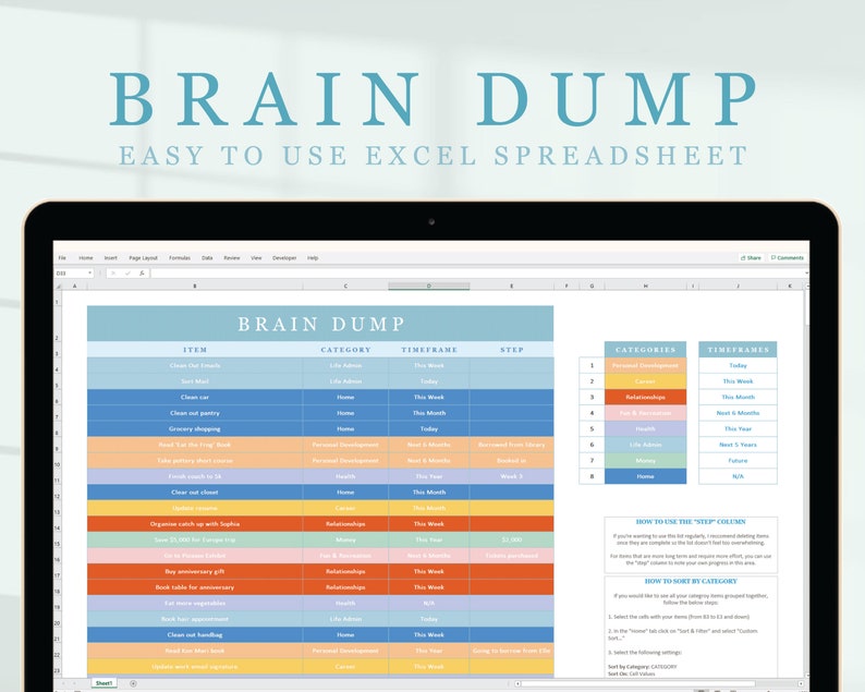 Brain Dump Easy Excel Spreadsheet | Digital Download - Etsy