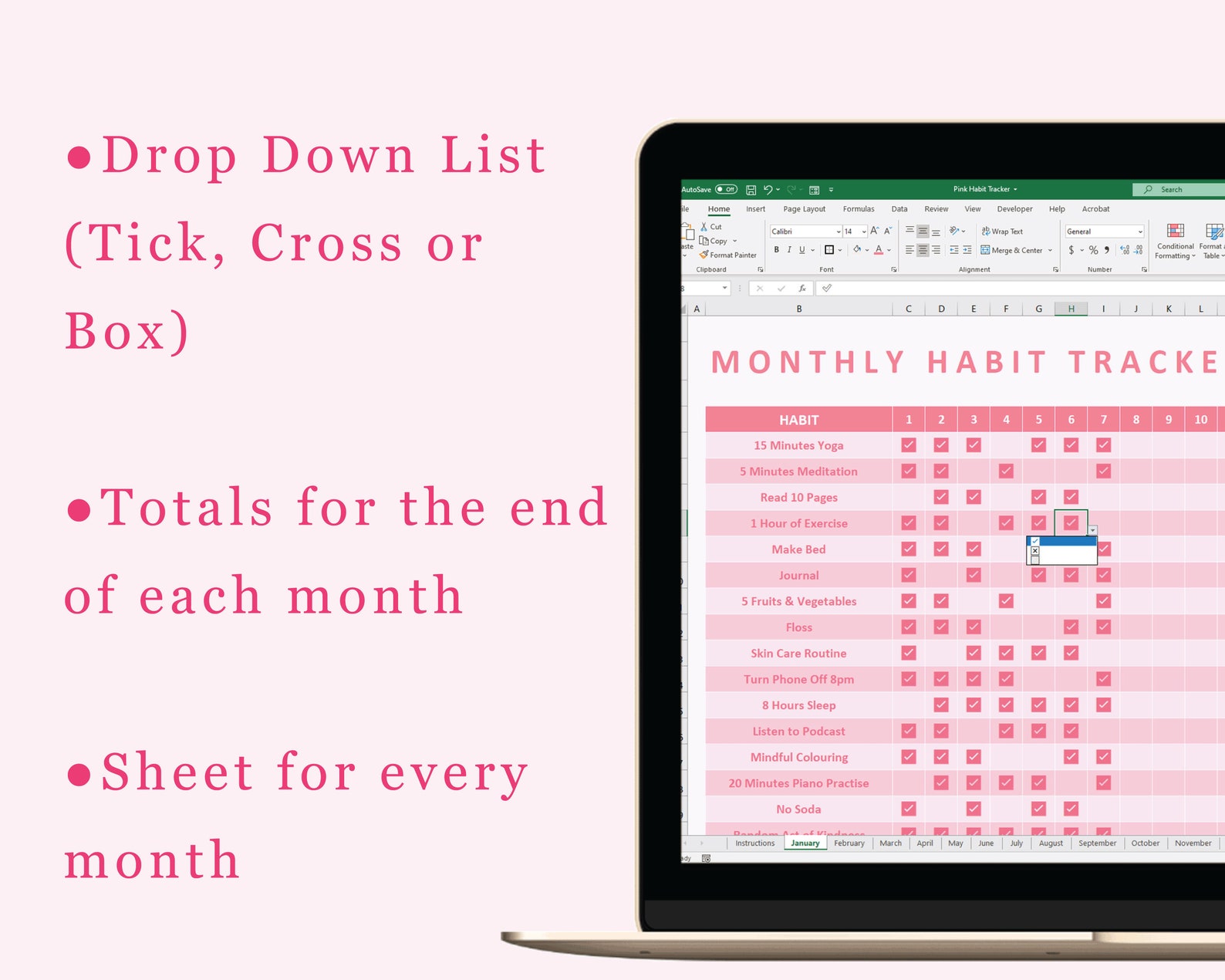 Pink Habit Tracker | Excel Spreadsheet | Google Sheet| Digital Download ...