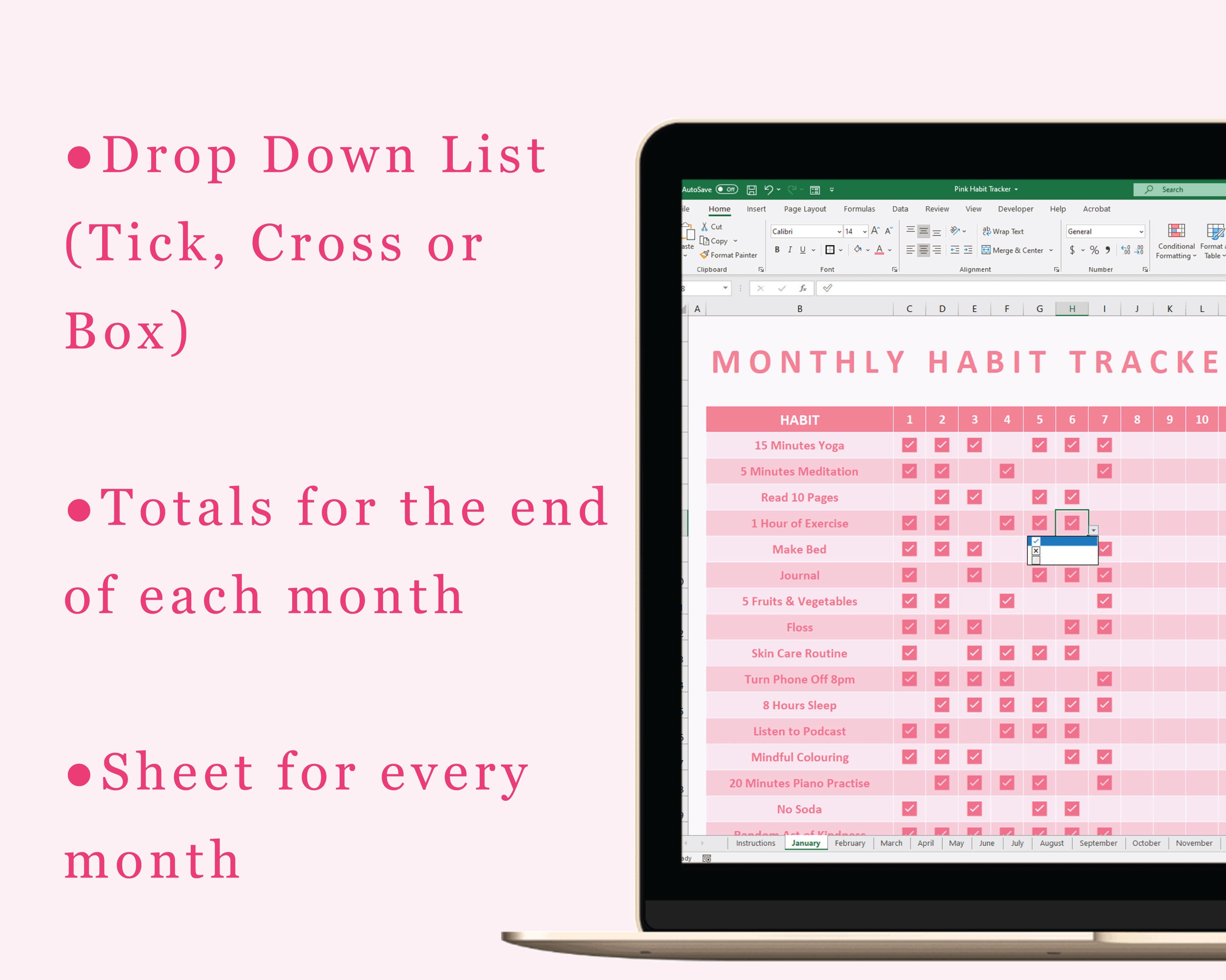 Pink Habit Tracker | Excel Spreadsheet | Google Sheet| Digital Download ...