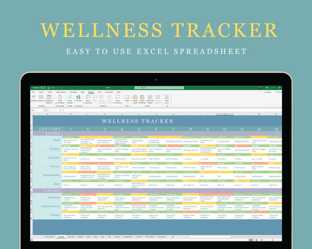 Wellness Tracker Excel Spreadsheet | Digital Download - Etsy