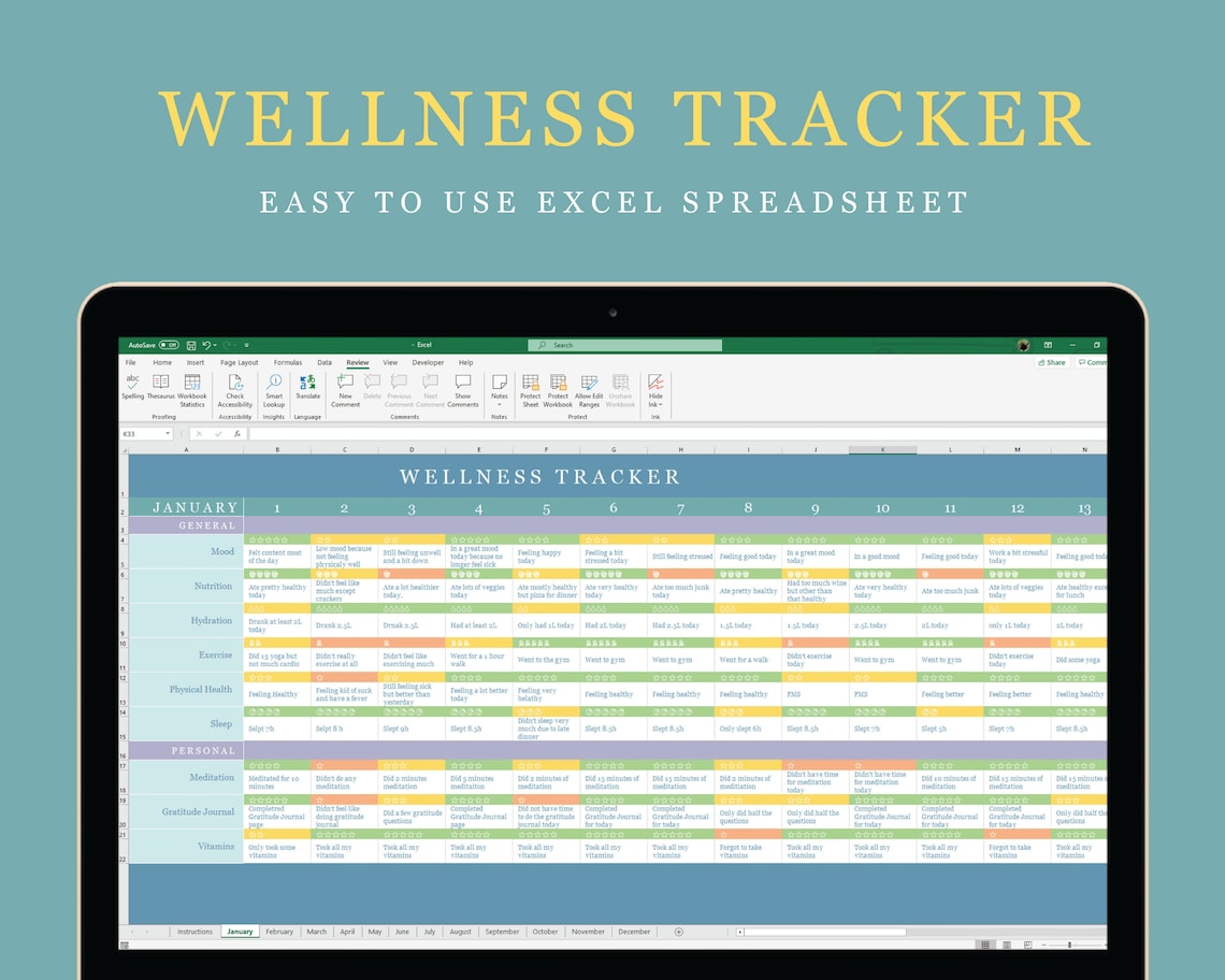 Wellness Tracker Excel Spreadsheet Digital Download - Etsy Australia