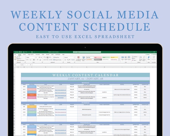 Weekly Social Media Content Schedule Excel Spreadsheet - Etsy