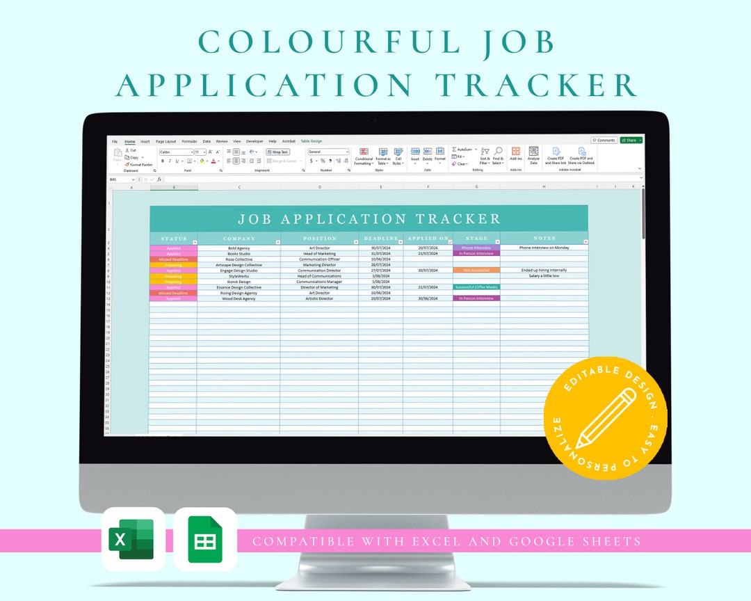 Job Application Tracker Excel & Google Sheets Spreadsheet | Bright and ...