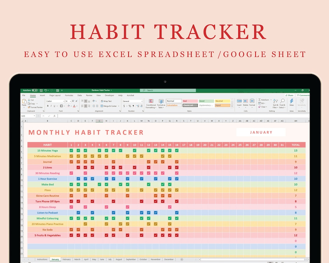 Rainbow Habit Tracker | Excel Spreadsheet | Google Sheet| Digital ...