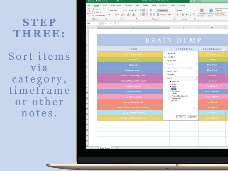 Brain Dump Easy Rainbow Excel Spreadsheet | Digital Download - Etsy