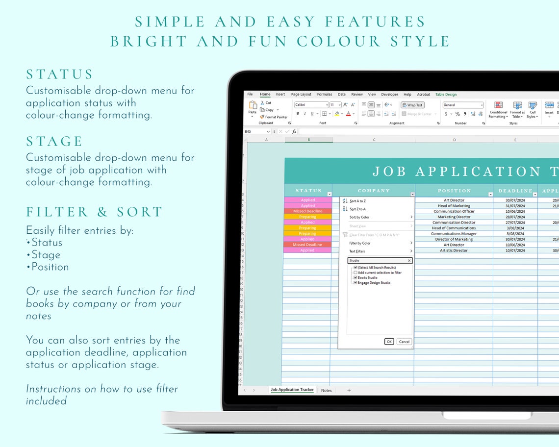 Job Application Tracker Excel & Google Sheets Spreadsheet | Bright and ...