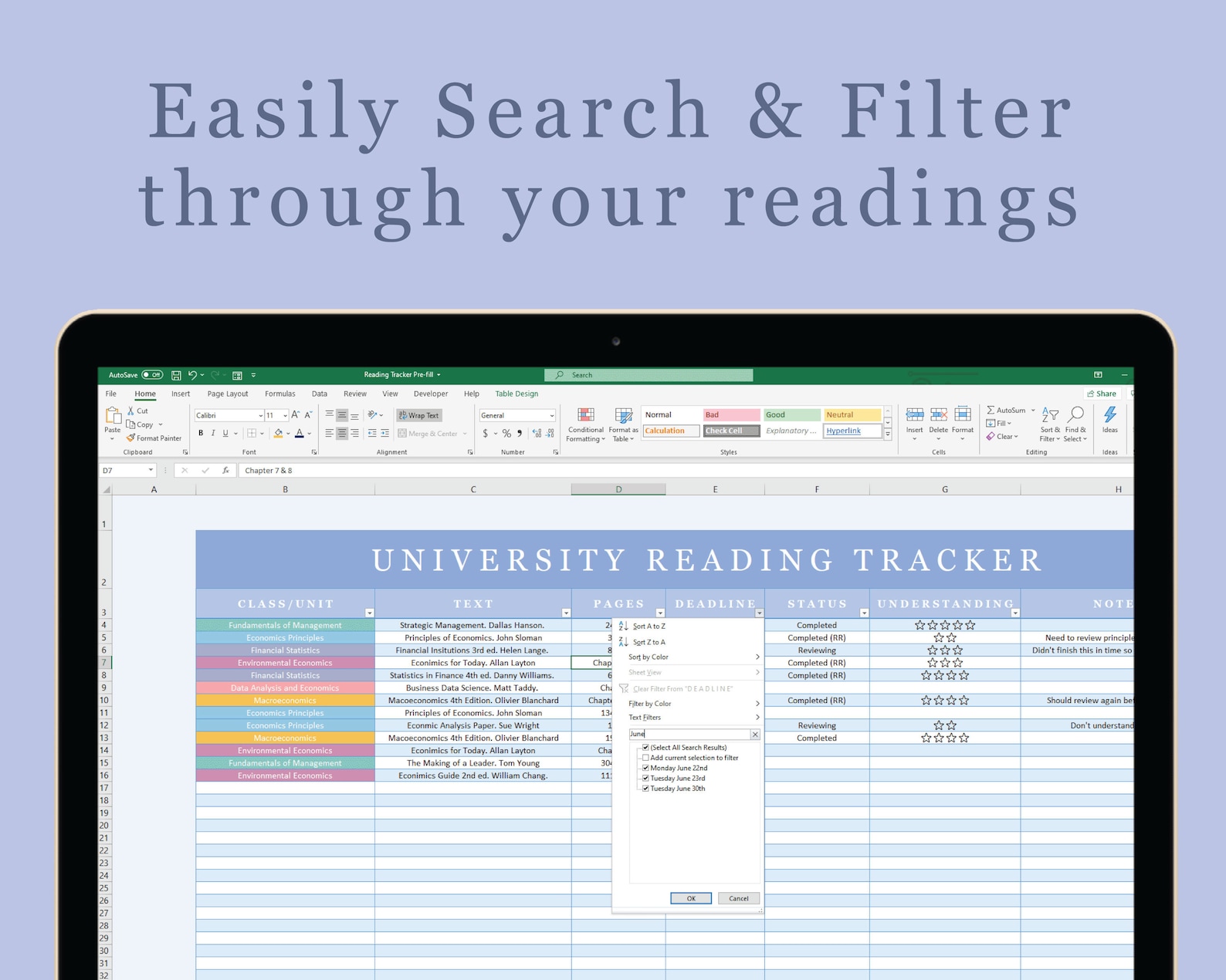 University / College Reading Tracker Excel Spreadsheet | Digital ...
