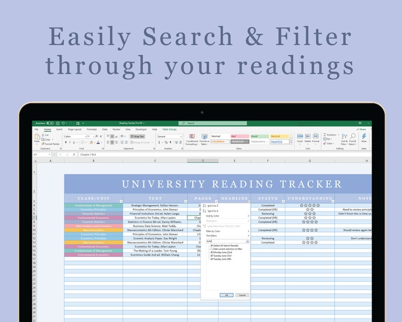 University / College Reading Tracker Excel Spreadsheet | Digital Download - Etsy Australia