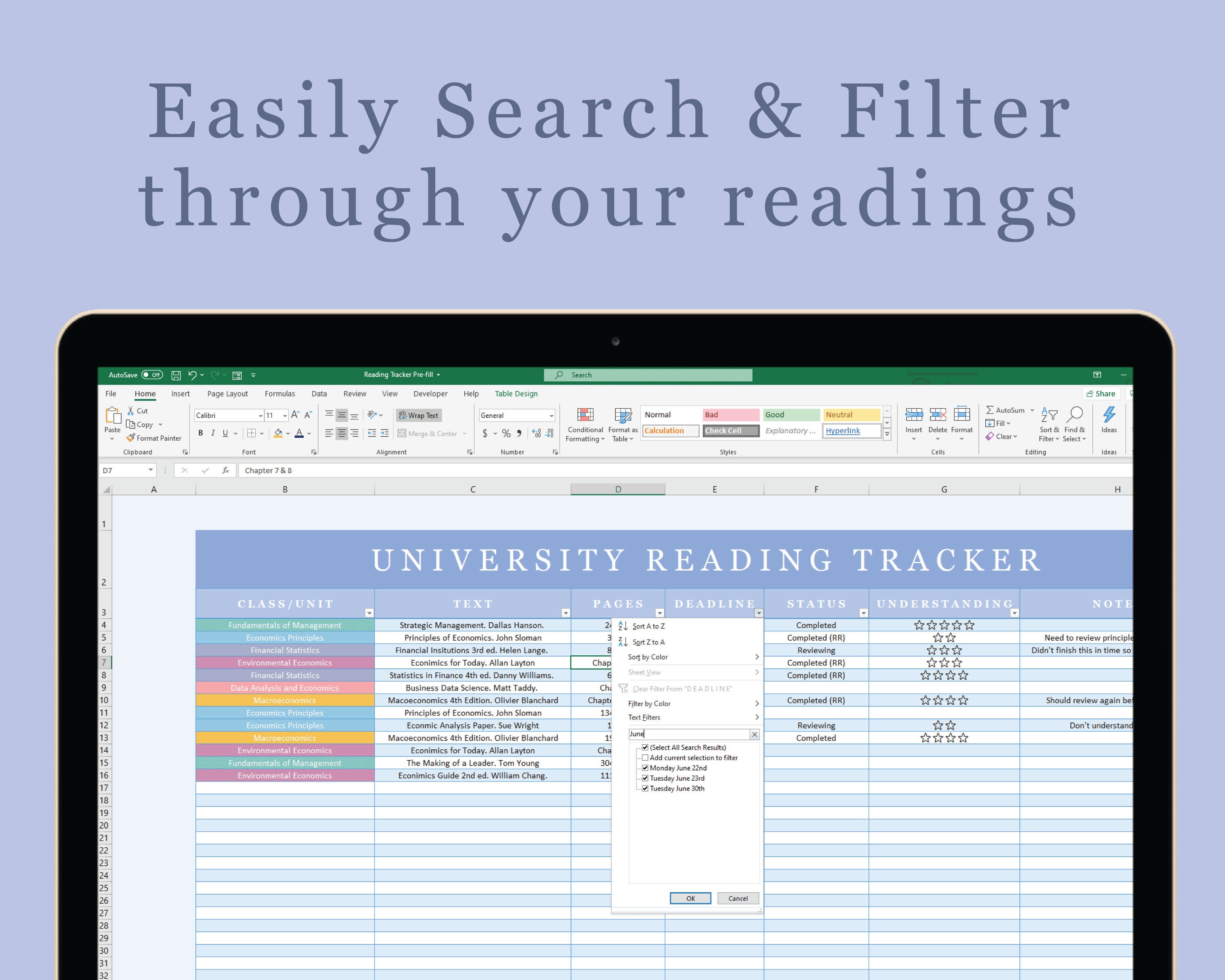 University / College Reading Tracker Excel Spreadsheet | Digital ...