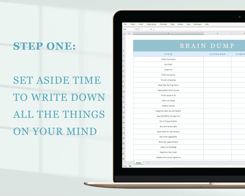 Brain Dump Easy Excel Spreadsheet | Digital Download - Etsy