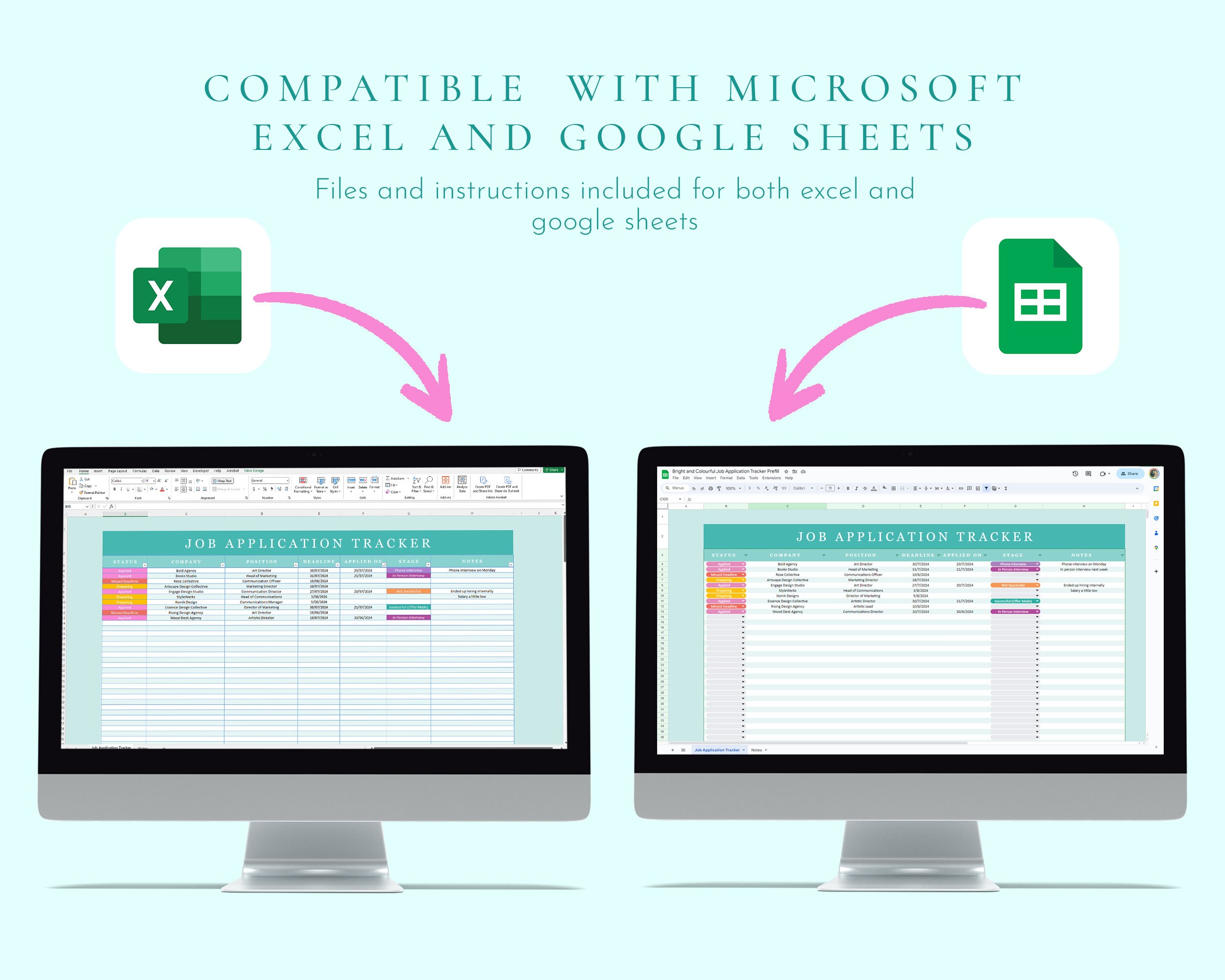 Job Application Tracker Excel & Google Sheets Spreadsheet | Bright and ...